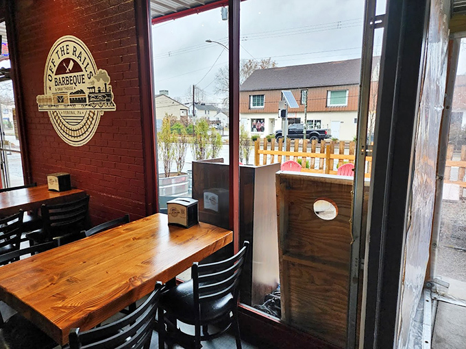 Exposed wooden beams and warm lighting create that rare atmosphere where you could propose or wear sweatpants&mdash;both would somehow feel right.