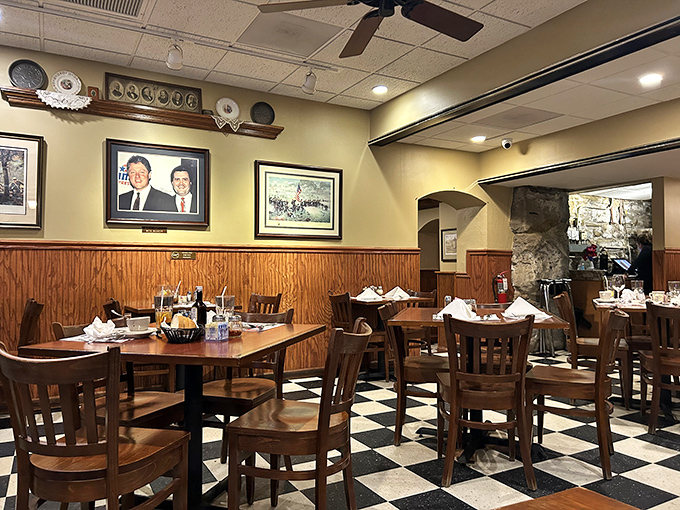 Classic checkered floors and wood-paneled walls create that "I've just come home" feeling that no trendy restaurant redesign could ever replicate.