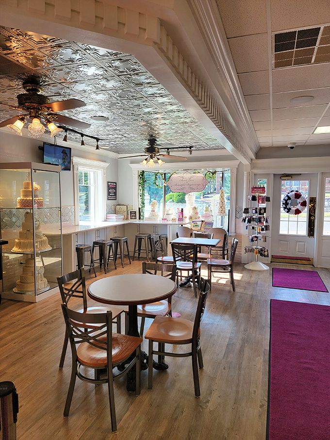 Step inside and discover a space where vintage tin ceilings meet modern bakery magic, creating the perfect sweet escape.