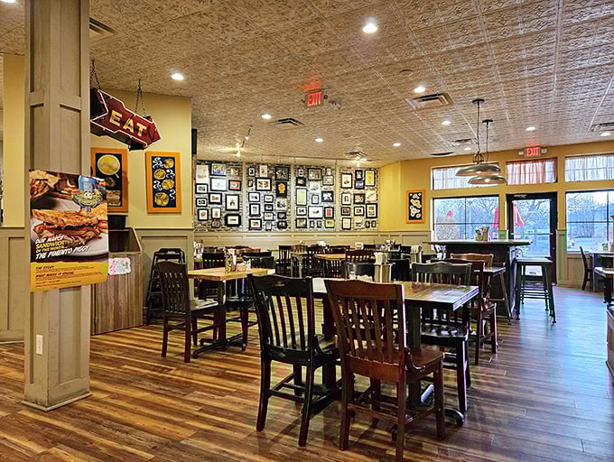 Warm wood floors, mismatched chairs, and that iconic pressed tin ceiling create the perfect backdrop for sandwich-induced happiness. Every great meal starts with the right atmosphere.