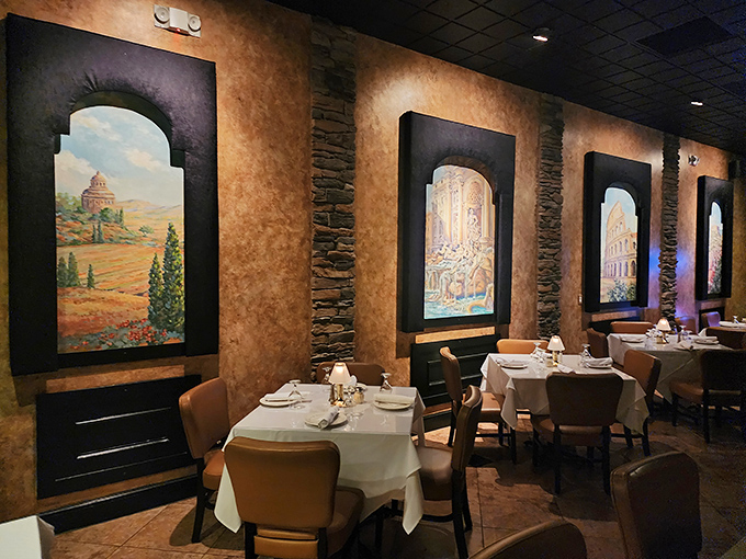 Step inside and you're transported to Italy through warm textured walls, stone accents, and murals that serve as windows to the old country.