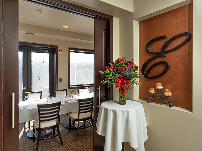 Elegant simplicity defines Ernie's interior, where the iconic "E" monogram and fresh flowers create an atmosphere that's special without being stuffy.