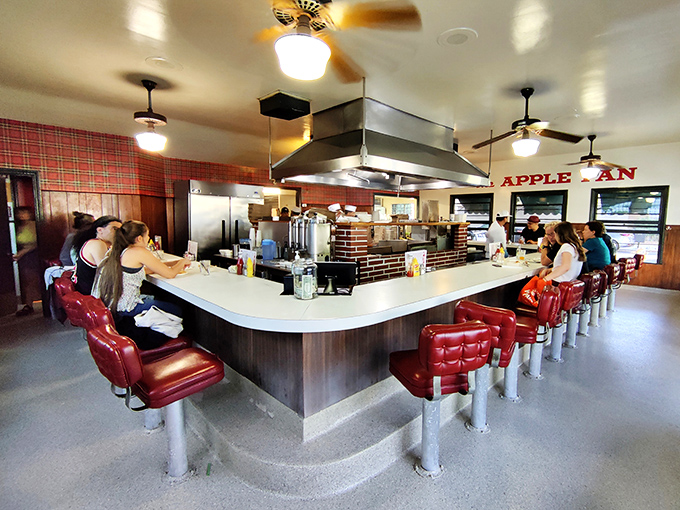 Step inside and you're transported to mid-century America—red vinyl counter stools surrounding the horseshoe-shaped counter where culinary magic has happened for generations.
