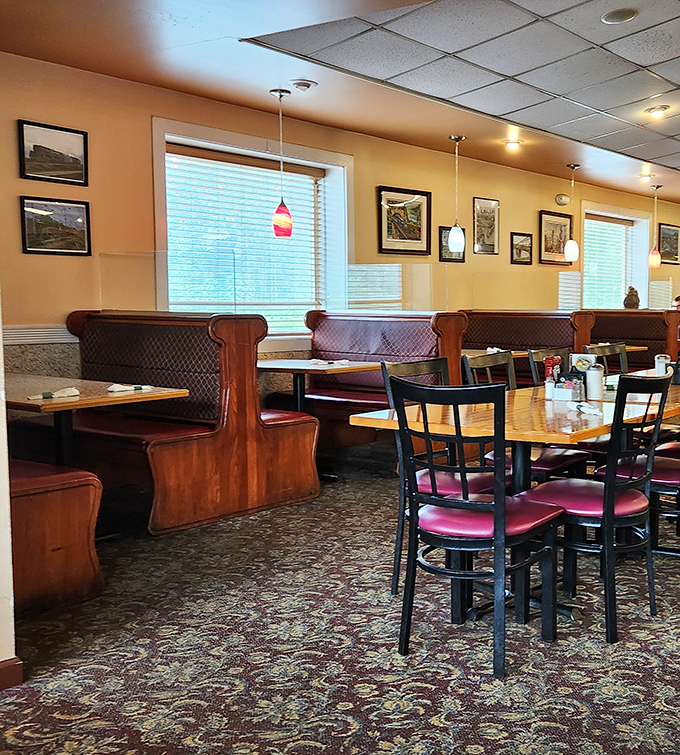 Wooden booths worn to perfect comfort and pendant lights casting a warm glow—this is what diner dreams are made of.