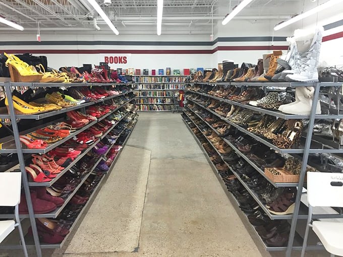Shoe heaven! Enough footwear to make Imelda Marcos weep with joy, organized with surprising military precision.