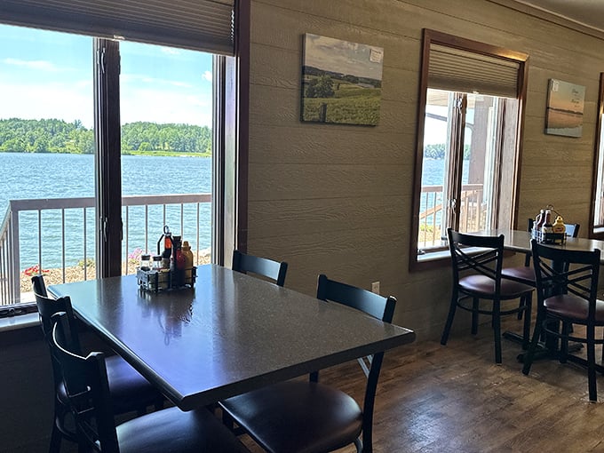 Dining with a view that rivals the food for attention&mdash;almost. Those windows frame West Boggs Lake like nature's own dinner theater.