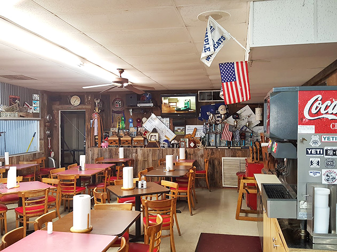 Inside, American flags and memorabilia create the perfect backdrop for barbecue communion. This isn't d&eacute;cor&mdash;it's a temple to Texas tradition.