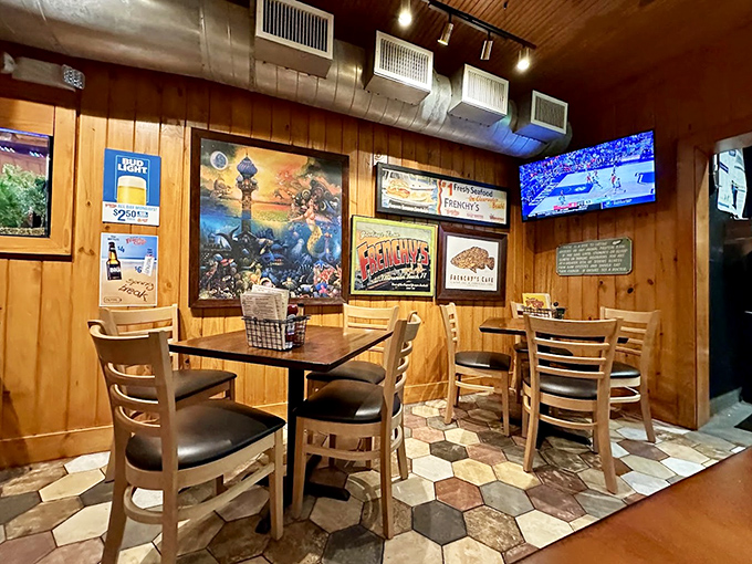 Wood-paneled walls, hexagonal tile floors, and nautical artwork create that perfect "I've discovered something special" feeling that keeps locals coming back for decades.