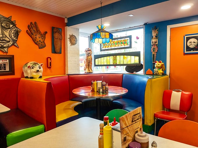 A kaleidoscope of primary colors greets you inside Casper's, where every booth feels like the best seat in a diner designed by a joyful kindergartner with excellent taste.