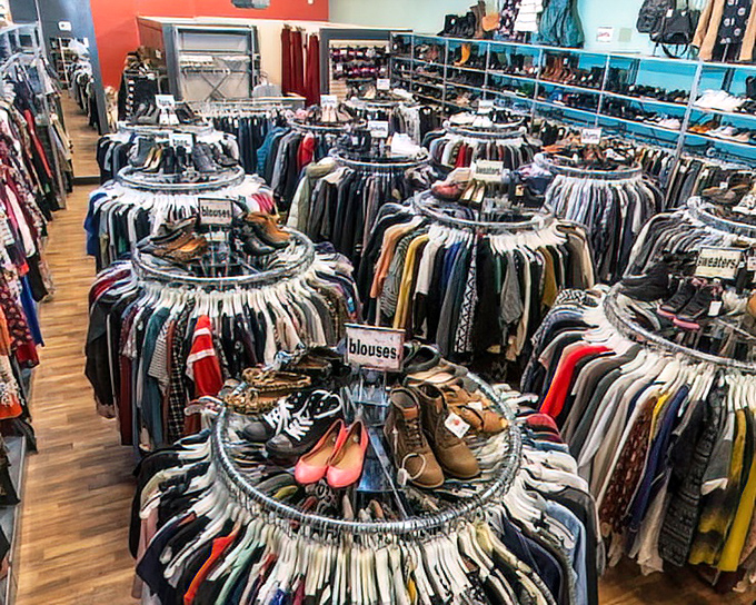 Fashion treasure hunters navigate circular racks packed with possibilities, where yesterday's impulse buys become tomorrow's statement pieces.