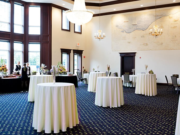 Elegant chandeliers and crisp white tablecloths transform this banquet space into something magical &ndash; where meatball dreams and wedding receptions find common ground.