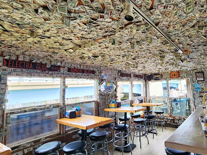 Dining under thousands of dollar bills feels like eating inside the world's most generous piggy bank.