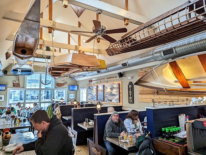 Boats suspended from the ceiling aren't just decoration&mdash;they're conversation pieces that float above diners while setting the perfect maritime mood for seafood feasting.