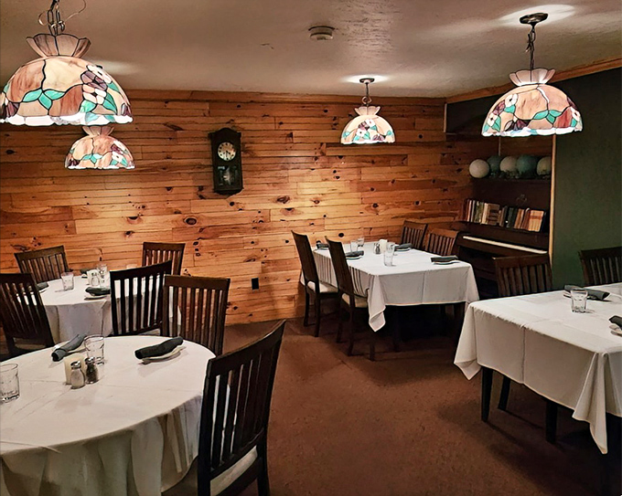Warm pine walls and Tiffany-style lamps create that perfect "grandma's fancy dining room" vibe &ndash; if grandma were secretly a culinary genius.
