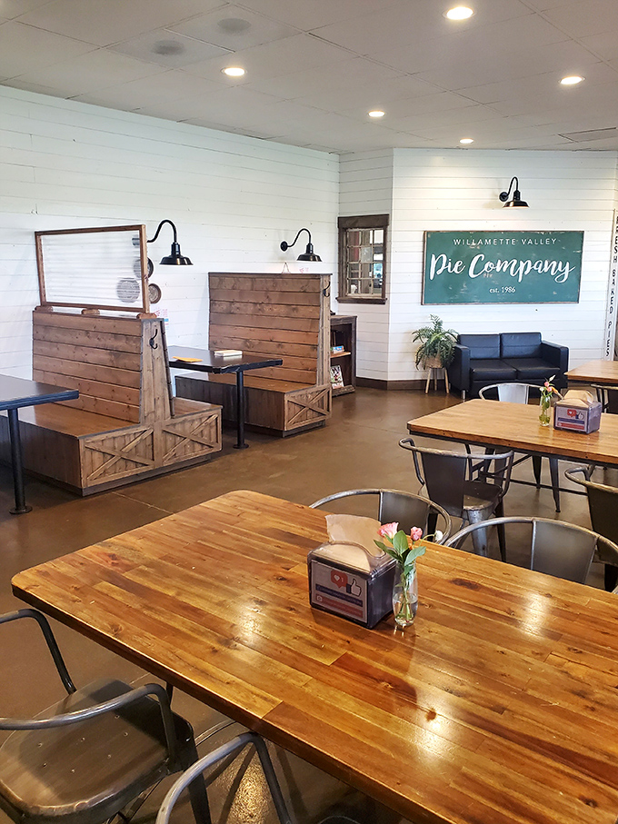 Inside, farmhouse chic meets pie paradise with warm wood tables, shiplap walls, and seating that practically begs you to stay awhile.