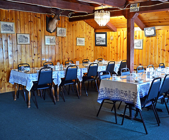 Pine-paneled walls, mounted wildlife, and blue checkered tablecloths&mdash;this dining room doesn't just nod to German tradition, it bear hugs it with unabashed enthusiasm.