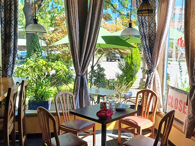 Sunlight dances through gauzy curtains, transforming this cozy corner into a breakfast sanctuary where plants and pendant lights create perfect morning ambiance.
