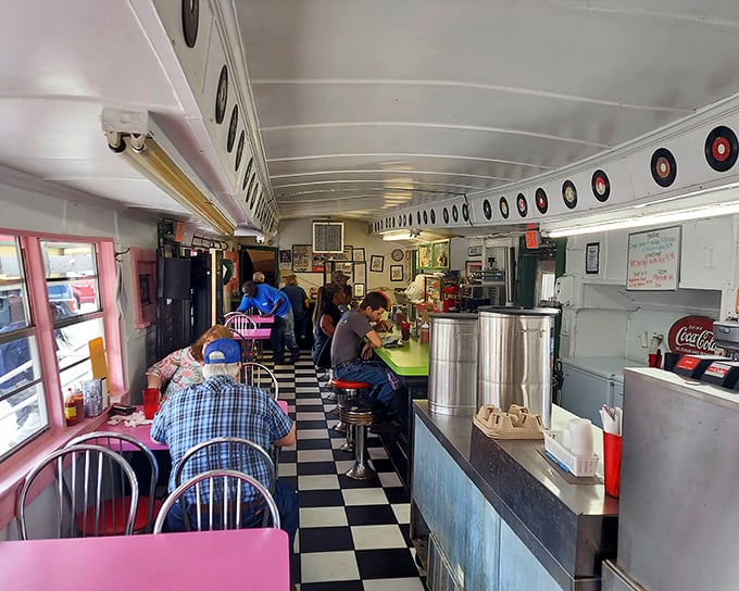 Where vinyl booths and checkered floors prove that some design choices never go out of style, just like good eggs.