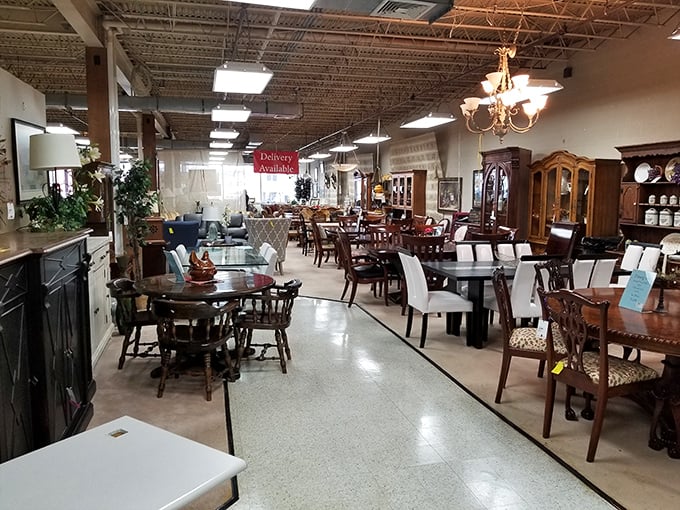 Furniture heaven stretches as far as the eye can see. That chandelier isn't just lighting the space—it's auditioning for a role in your dining room.