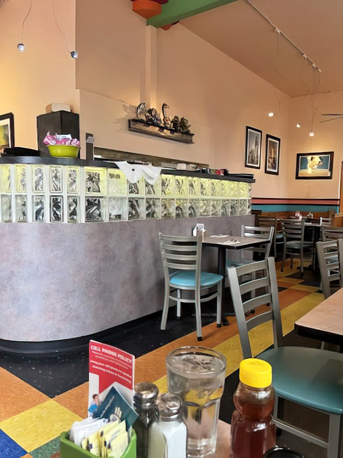 Inside, glass blocks and colorful floor tiles create a retro-cool vibe that feels like stepping into your favorite aunt's kitchen&mdash;if your aunt were impossibly hip.