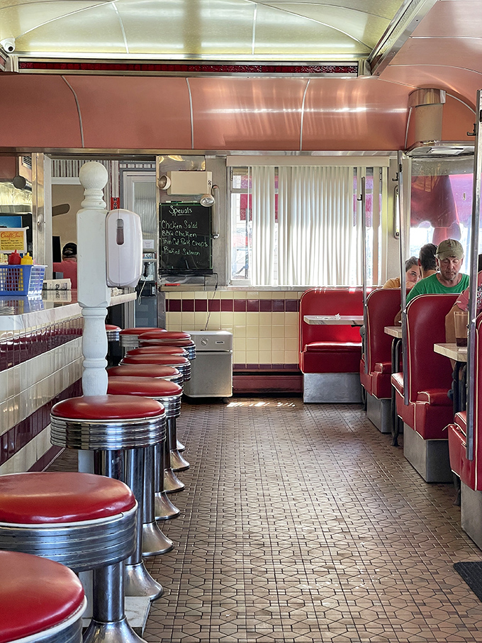 Classic Americana in every corner: red vinyl stools, chrome accents, and that unmistakable diner hum that says "good food happens here."