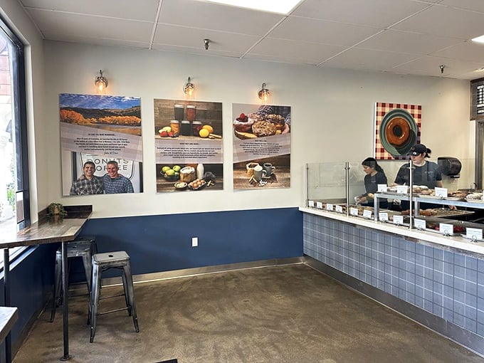 Minimalist blue and concrete create the perfect backdrop for the real stars&mdash;those glorious donuts waiting behind spotless glass.