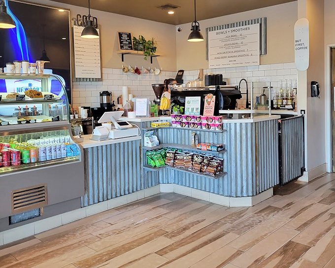 Inside, the beachy-industrial vibe with corrugated metal counters and clean white tiles creates the perfect backdrop for donut-based decision making.