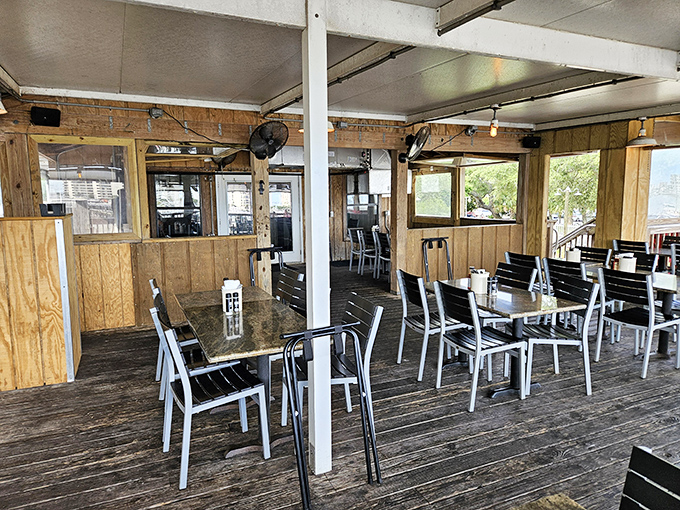 No-frills dining with million-dollar views. The simple wooden interior lets the harbor scenery and seafood take center stage.