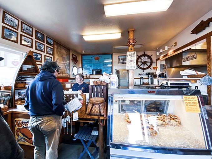 Inside this maritime treasure chest, nautical décor and a display case of fresh-caught Dungeness crab tell you you've arrived somewhere special.