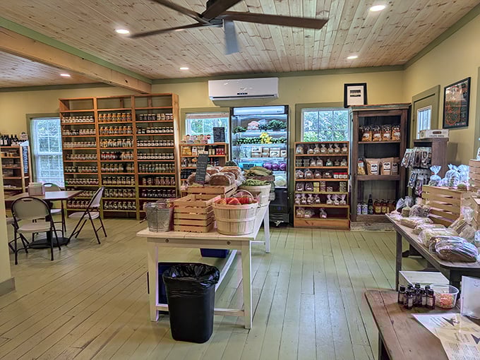 Wooden shelves lined with colorful jars create an edible library of flavors. This is where food shopping becomes a treasure hunt.