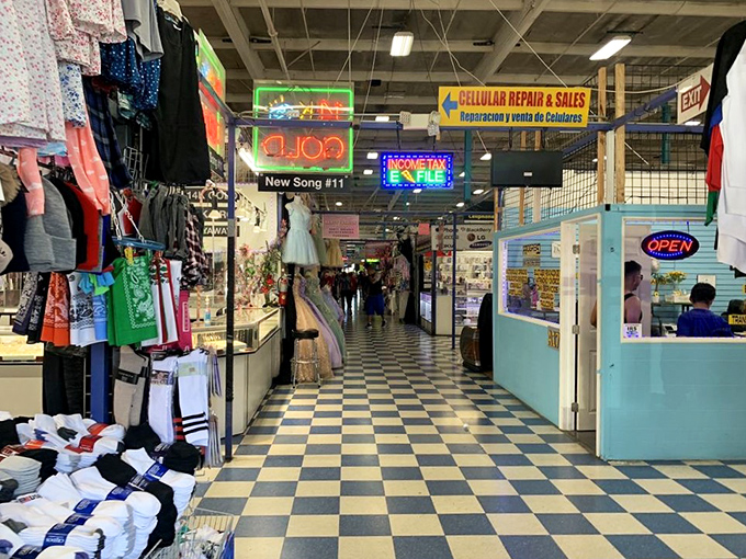 Blue and white checkered floors guide shoppers through this retail labyrinth. The fluorescent lights illuminate possibilities that Amazon's algorithm could never suggest.