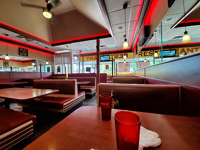 Red neon casts a warm glow across vinyl booths where countless Michigan meals and memories have been made. Comfort never looked so inviting.
