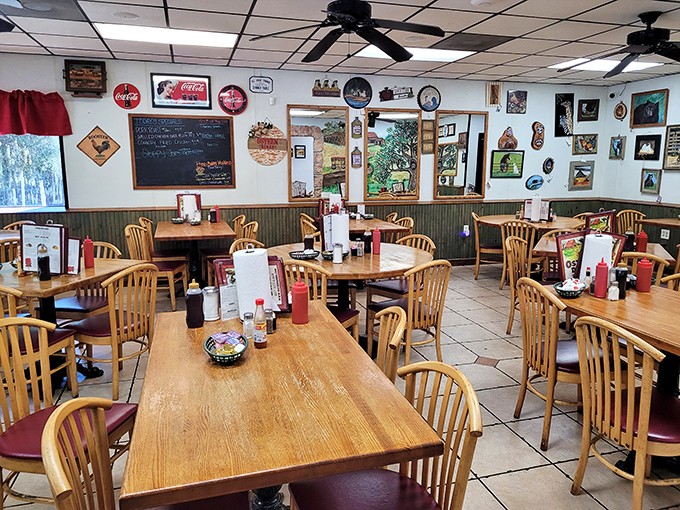 Classic Americana on full display &ndash; wooden tables, memorabilia-covered walls, and ceiling fans that have witnessed countless "mmms" of satisfaction.