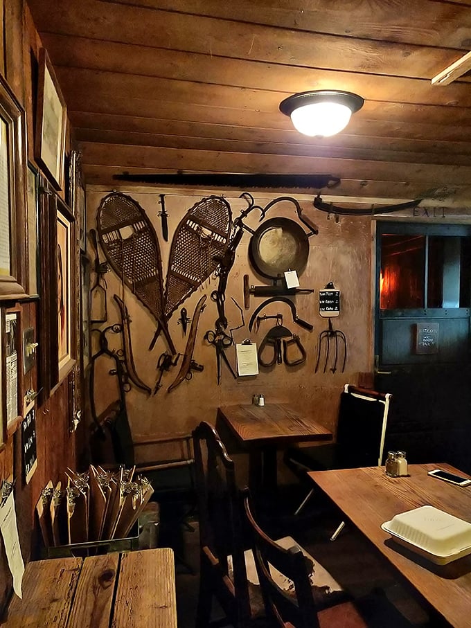 Vintage snowshoes and antique tools adorn the walls, creating an authentic frontier atmosphere. This isn't d&eacute;cor from a catalog&mdash;it's a carefully curated museum of California's pioneering past.