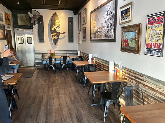 Inside, music memorabilia and rustic touches create that perfect "discovered gem" atmosphere where great conversations happen between bites.