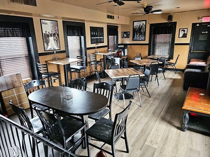 Music history meets culinary artistry. The dining room's classic band posters create the perfect backdrop for serious sandwich contemplation.