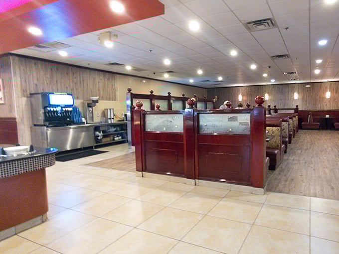 Polished wood dividers and comfortable booths create dining neighborhoods within this feast kingdom. The perfect setting for your personal all-you-can-eat odyssey.