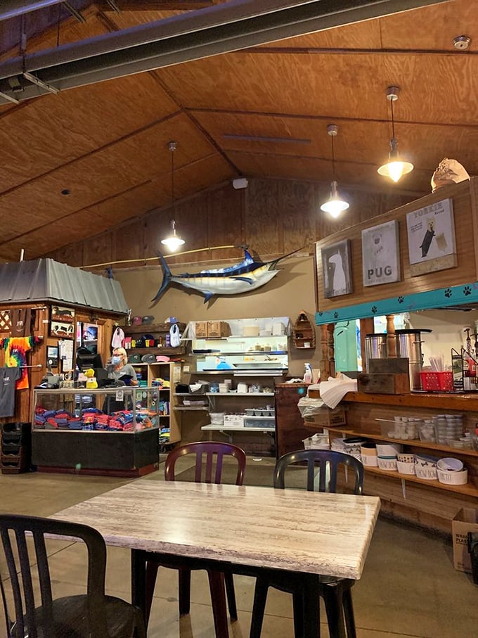 Inside, maritime meets mealtime with wooden walls that could tell stories of countless seafood feasts. That marlin didn't mount itself&mdash;someone's fishing tale came true.
