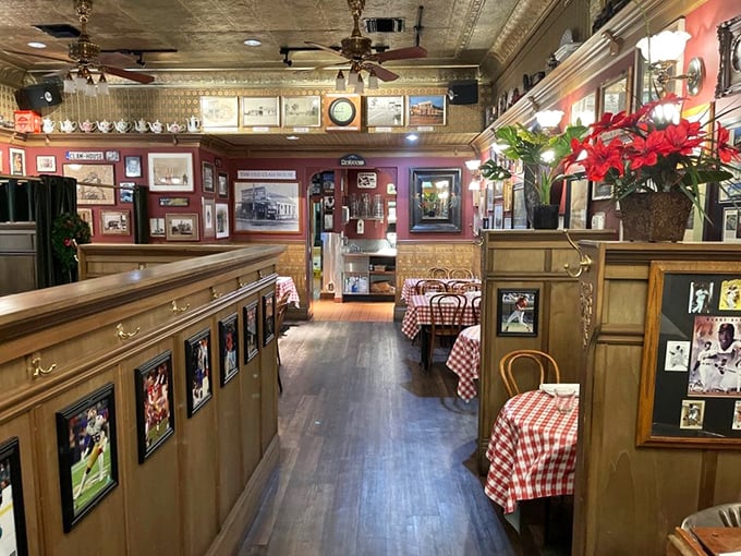 Step inside and time travels backward. The ornate tin ceiling, wooden paneling, and red-checkered tablecloths whisper stories of San Francisco's maritime past.