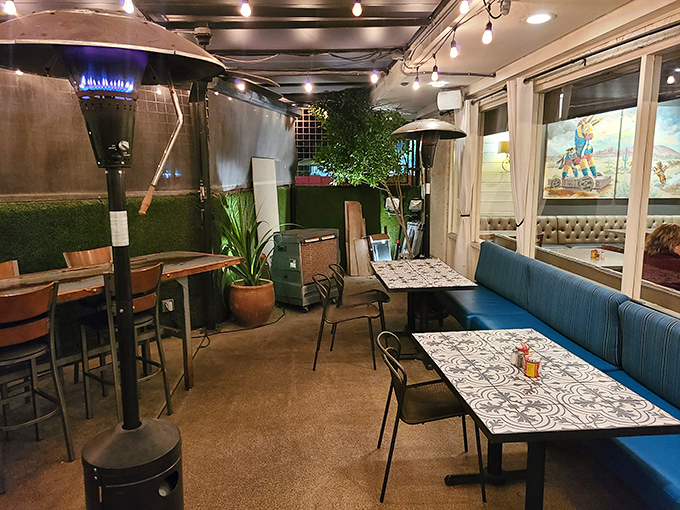 The patio whispers promises of al fresco dining under Arizona skies, complete with heat lamps for year-round comfort.