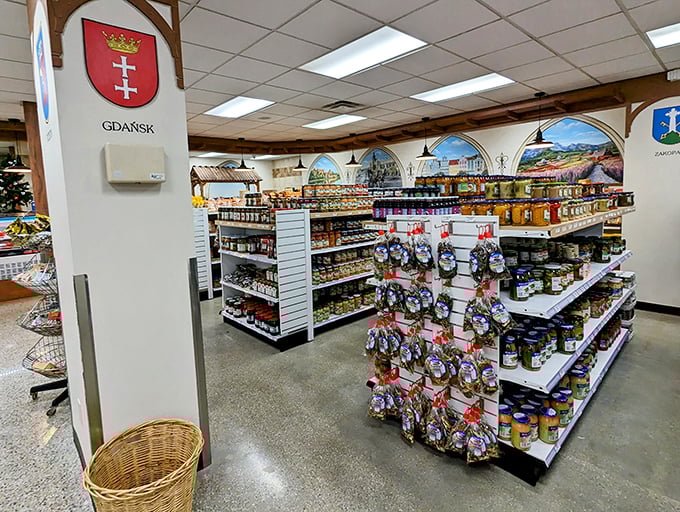 Shelves stocked with treasures from the old country beneath murals of Polish landscapes. It's like your grandmother's pantry got an impressive upgrade.