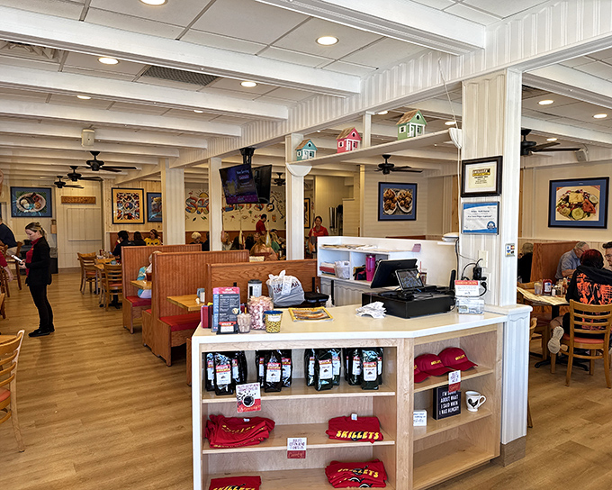 Inside Skillets, the cheerful miniature houses hanging from the ceiling create a "home away from home" vibe that's as welcoming as the aroma of fresh coffee.