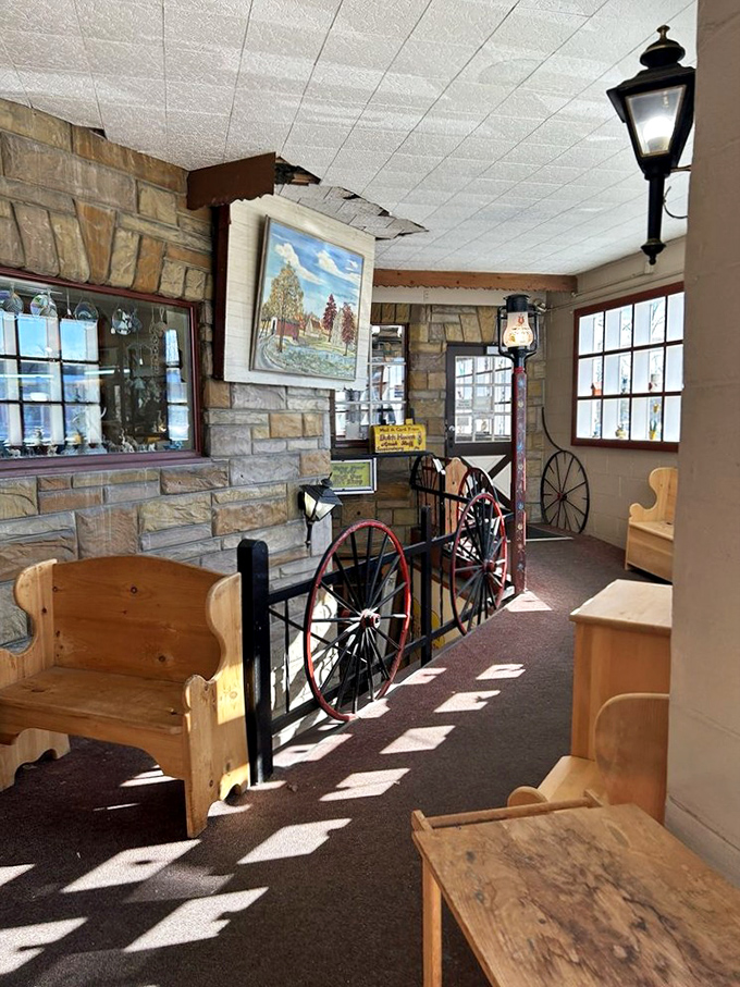 Rustic wooden benches and wagon wheel accents transport you to simpler times, where waiting for pie becomes part of the experience.