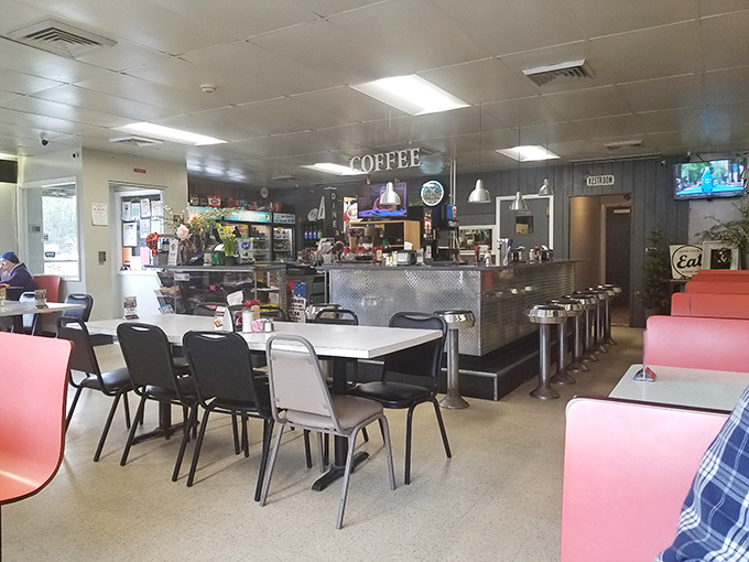Classic diner charm meets modern comfort in this welcoming space where strangers become friends over coffee.