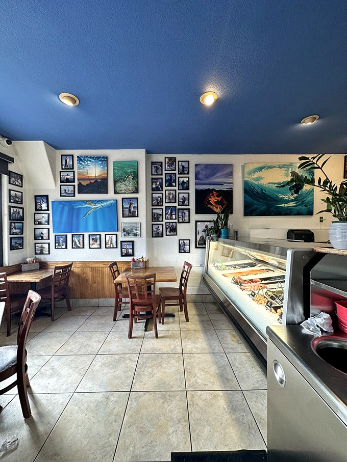 Inside, ocean-blue ceilings and walls adorned with surf photography create the perfect backdrop for seafood that's practically still swimming.