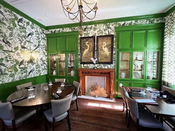 Step into the Green Room where vibrant walls, bird-themed wallpaper, and elegant furnishings create Charleston's version of a sophisticated garden party.
