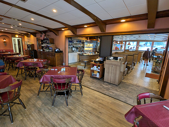 Step inside to burgundy tablecloths and wooden beams that whisper, "Stay awhile." This isn't Instagram-bait d&eacute;cor&mdash;it's the real deal of American diner comfort.