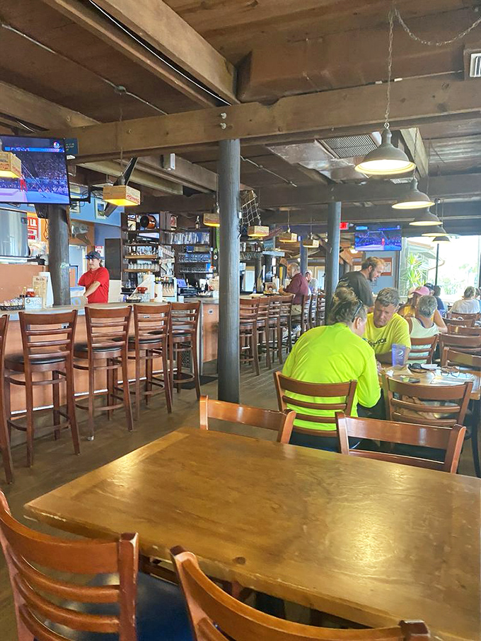 Inside, weathered wood and nautical charm create the perfect backdrop for serious seafood conversations.