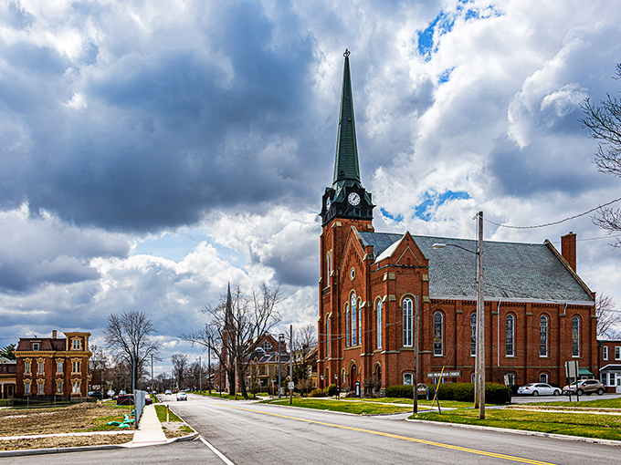This magnificent brick church stands as a testament to Fremont's architectural heritage, its soaring spire reaching skyward like the community's enduring spirit.