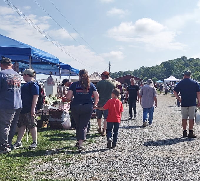 Weekend warriors navigate the gravel pathways between vendors, where one person's castoffs become another's must-have treasures.